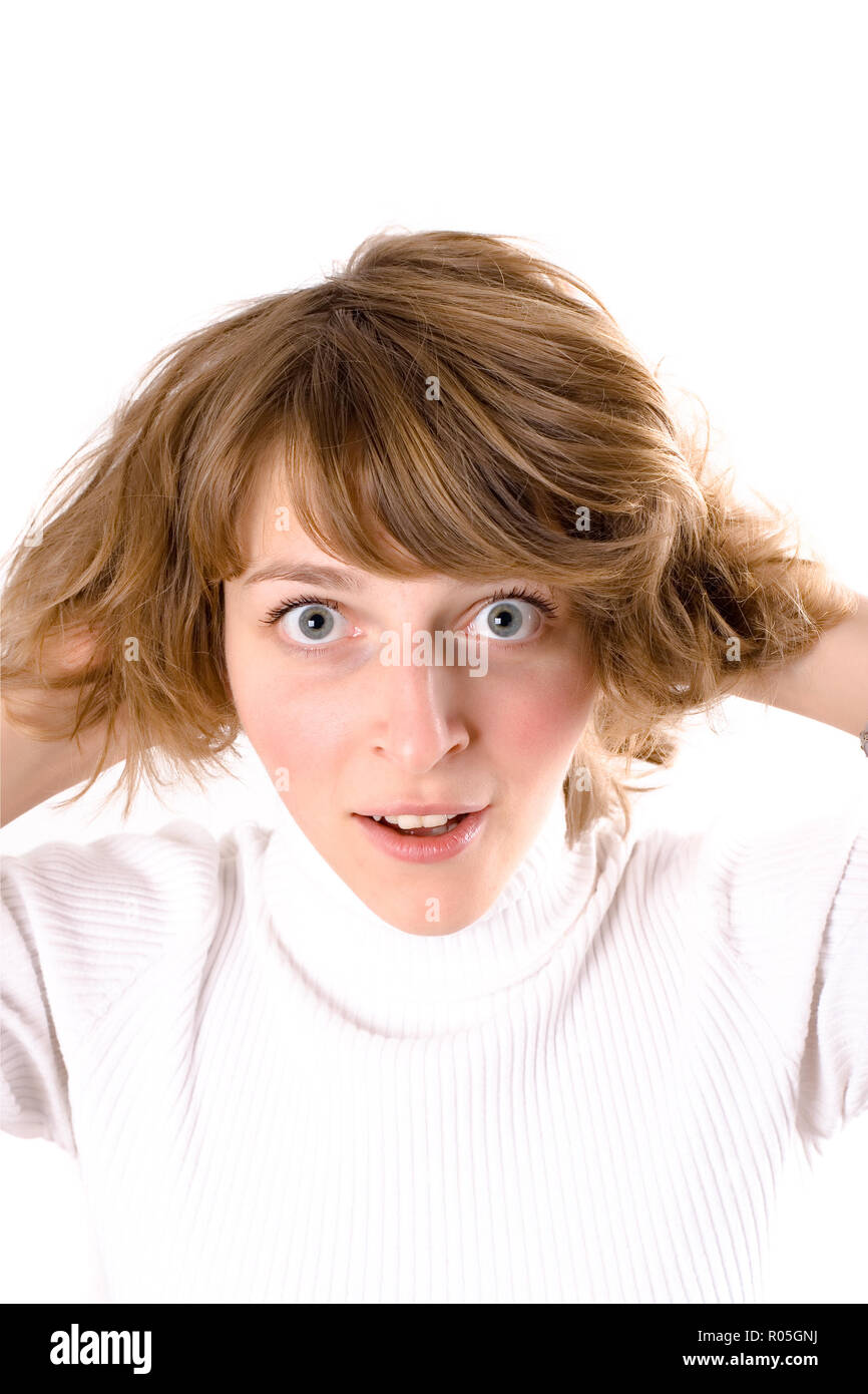 closeup portrait of surprised pretty woman in white Stock Photo - Alamy