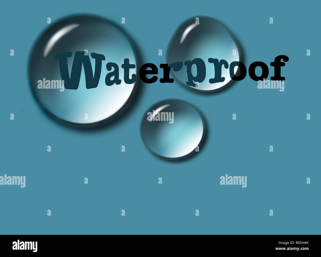 The word "waterproof" is dotted with water beads, water drops in this ...