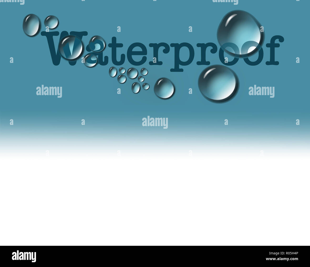 The word "waterproof" is dotted with water beads, water drops in this ...