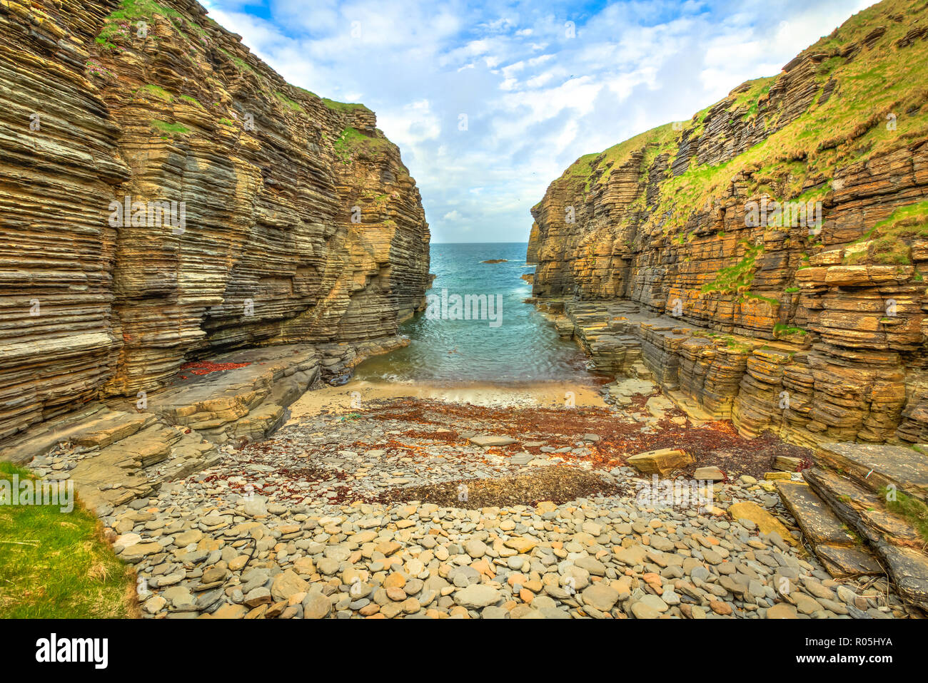 bay beach of the Castle Sinclair Girnigoe from Sinclair's Bay. The ...