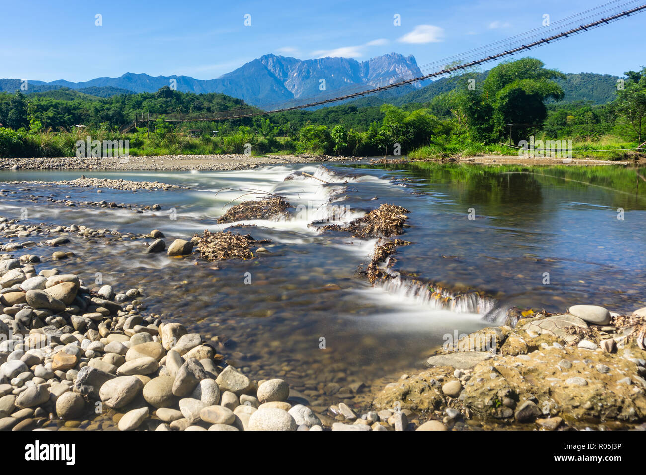 Landscape of rural Sabah Malaysia Borneo with river flowing and the ...