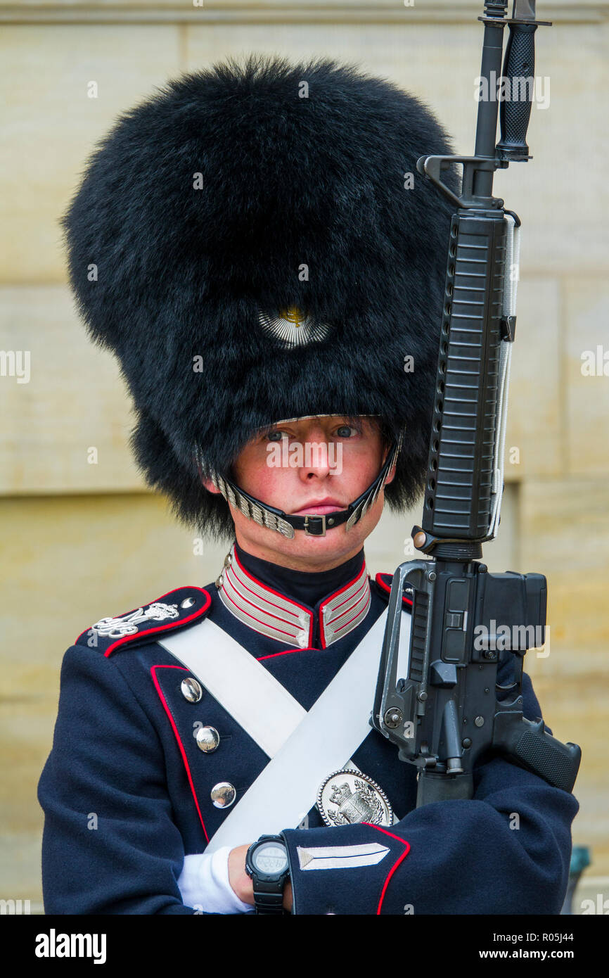 Honor guard soldier at Amalienborg Palace courtyard Copenhagen Denmark ...