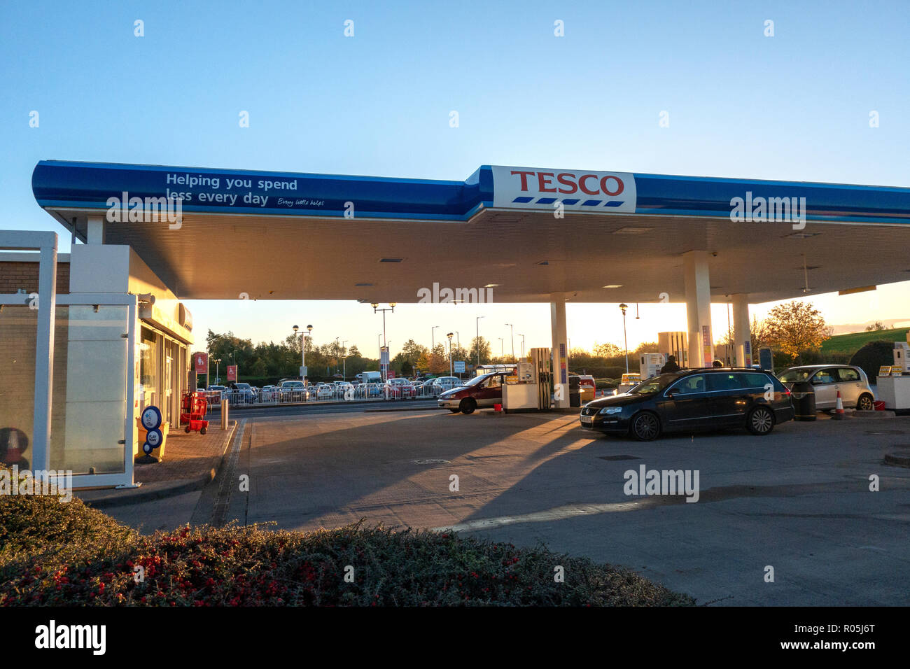 Fuel at Tesco Petrol station at Dinnington, Rotherham around sunset ...