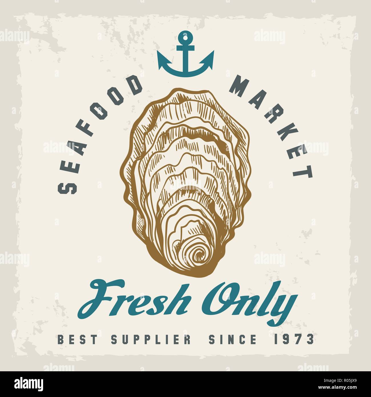 Oyster shellfish label. Fresh oysters label with hand drawn shellfish ...