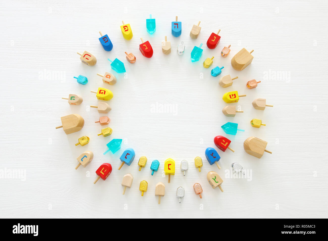 Image of jewish holiday Hanukkah with wooden dreidels colection ...