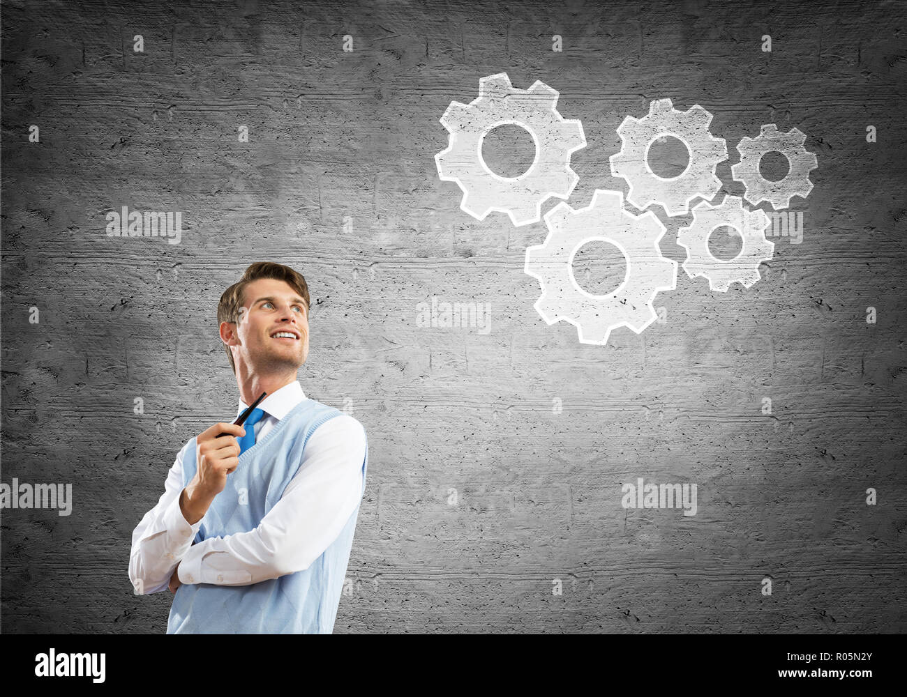 Elegant banker wearing red tie and gears as teamwork concept Stock ...