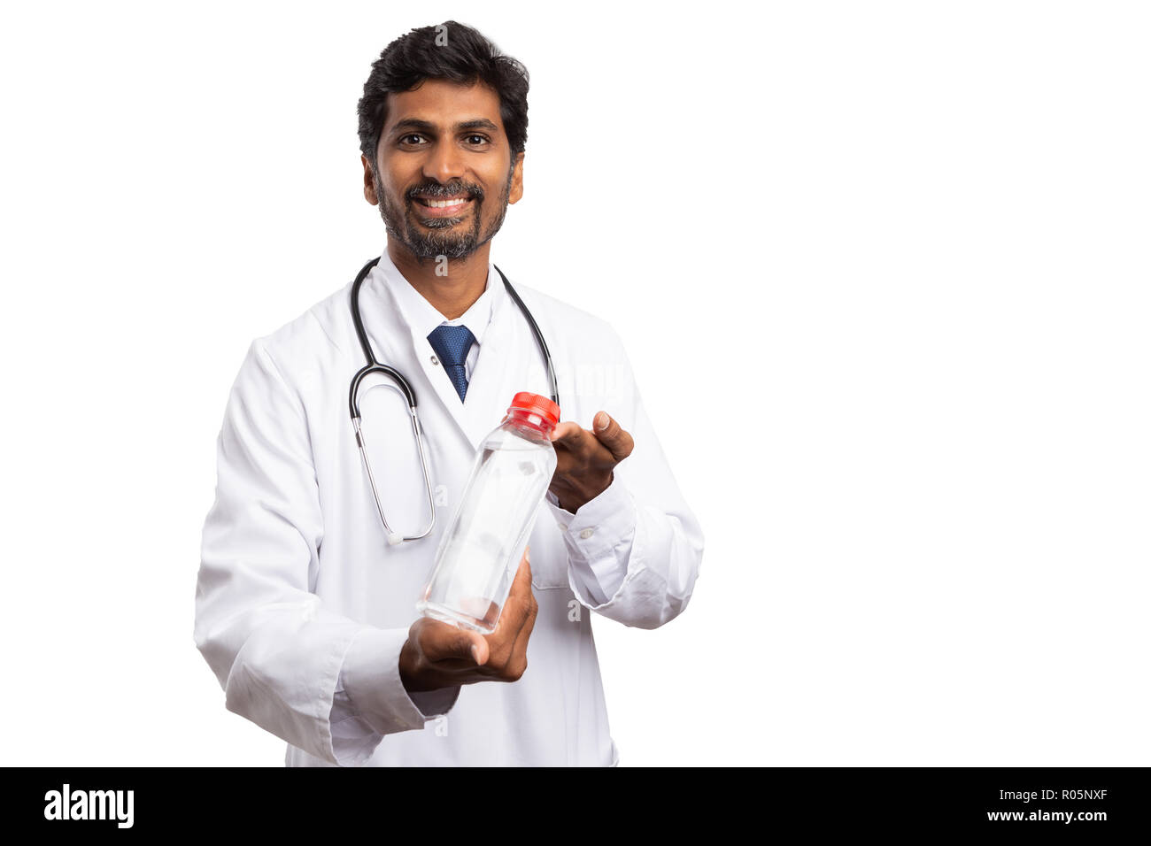 Happy indian medic man recommending plastic water bottle as stay ...