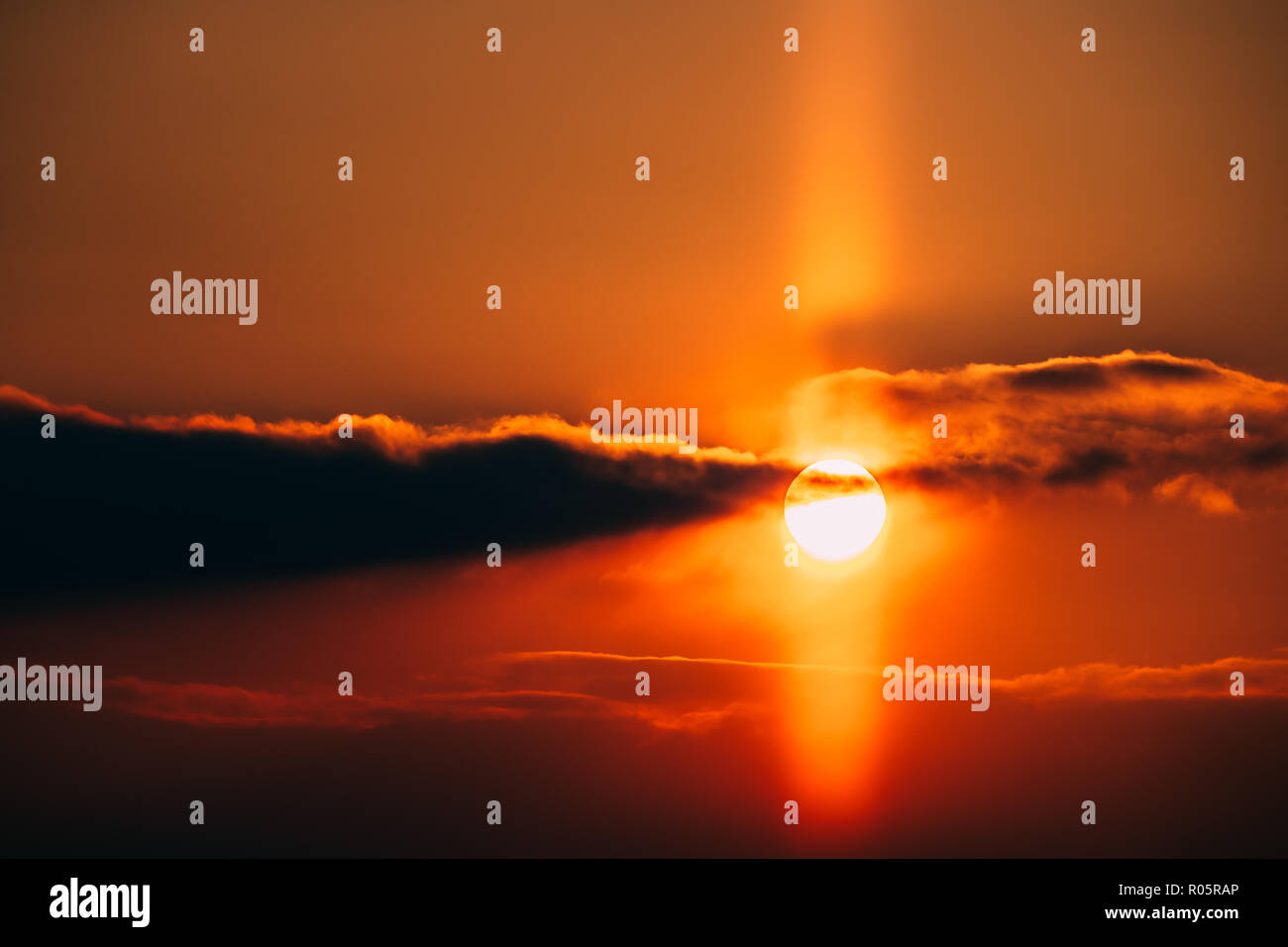 Natural Sunny Light Pillar During Winter Sunset. Atmospheric Optical ...