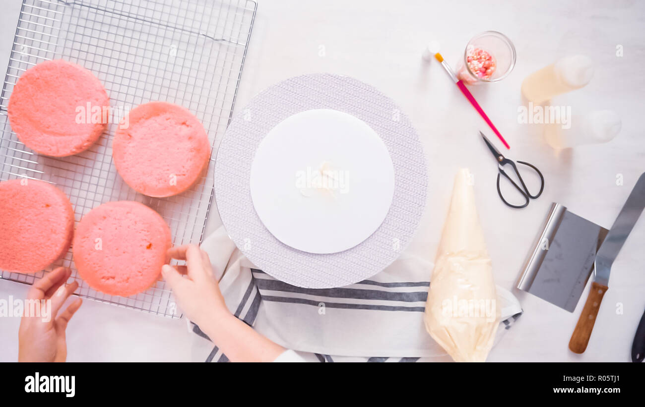 Step by step. Flat lay. Stacking layers together of pink birthday cake ...