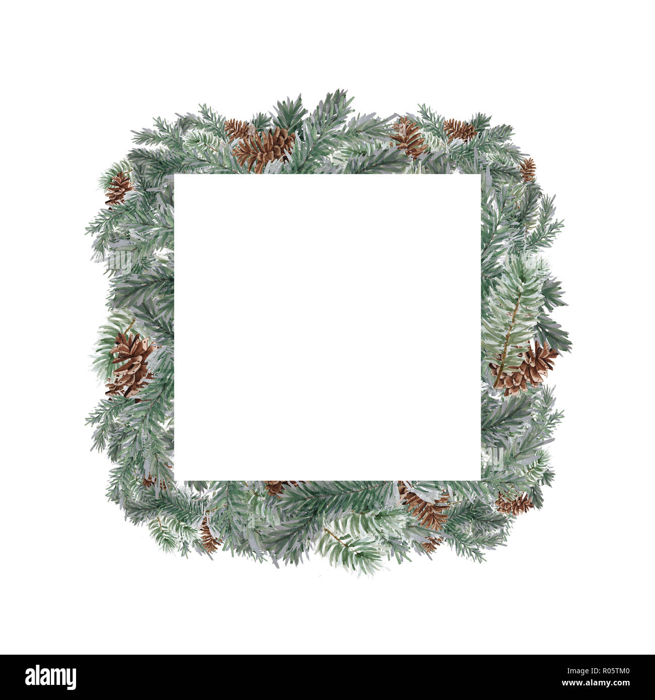 Watercolor Christmas frame square shape . Template of fir branches ...