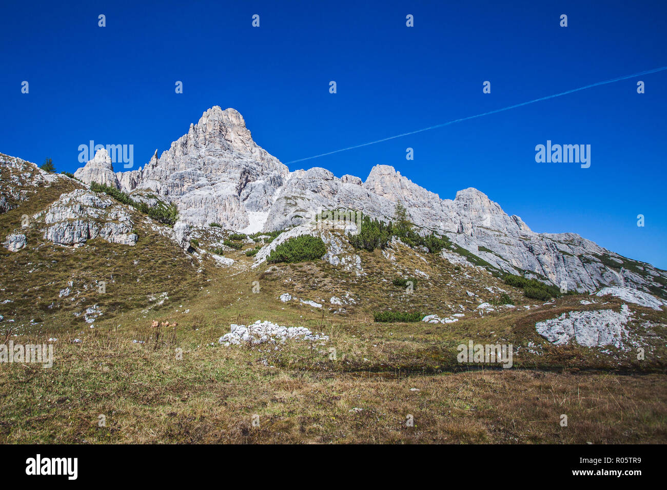 Awesome dolomite Tre Scarperi peaks panorama, South Tyrol, Italy Stock ...