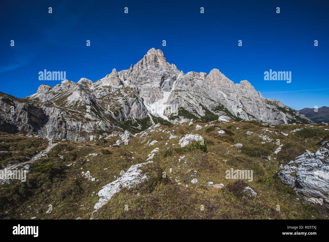 Awesome dolomite Tre Scarperi peaks, South Tyrol, Italy Stock Photo - Alamy