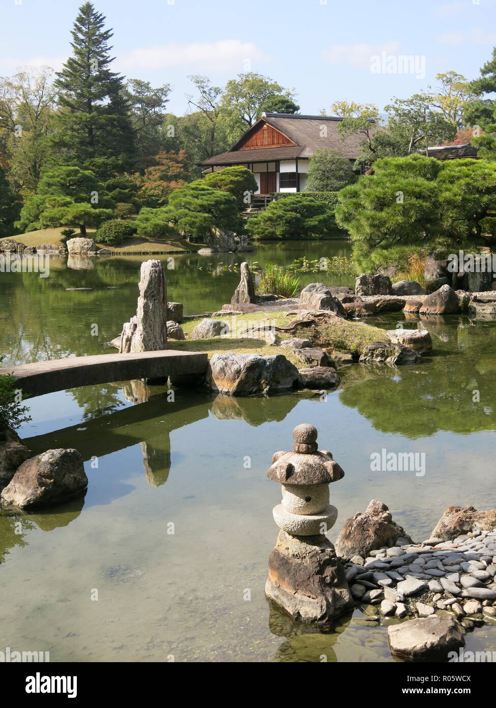 View of a traditional Japanese garden landscape in autumn; Katsura ...
