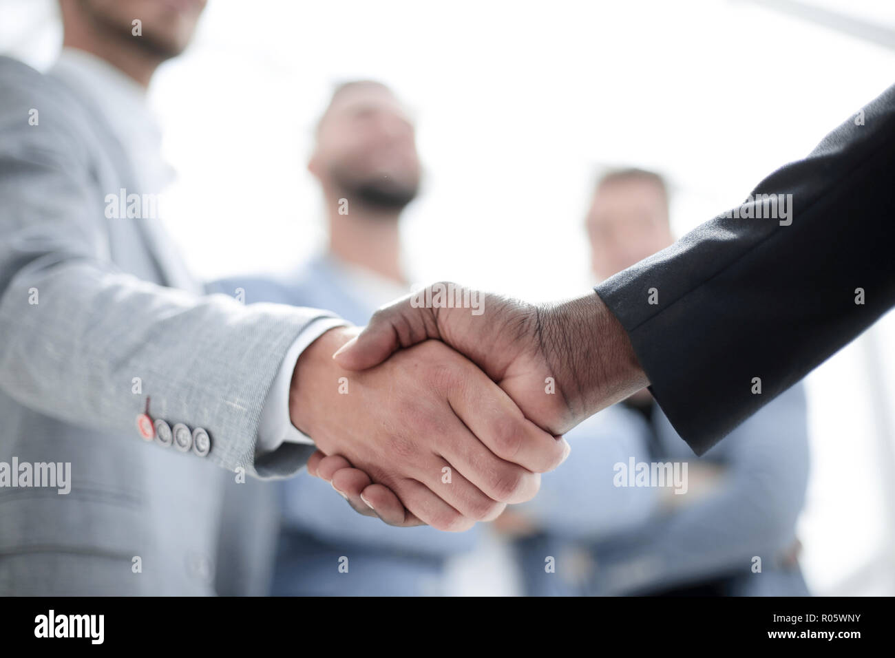 Two businessmen in suits shaking hands at group meeting, partners ...