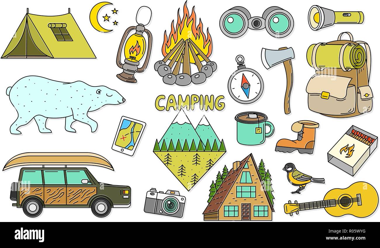 Set of cute camping elements. Equipment in forest. Stickers, doodle ...
