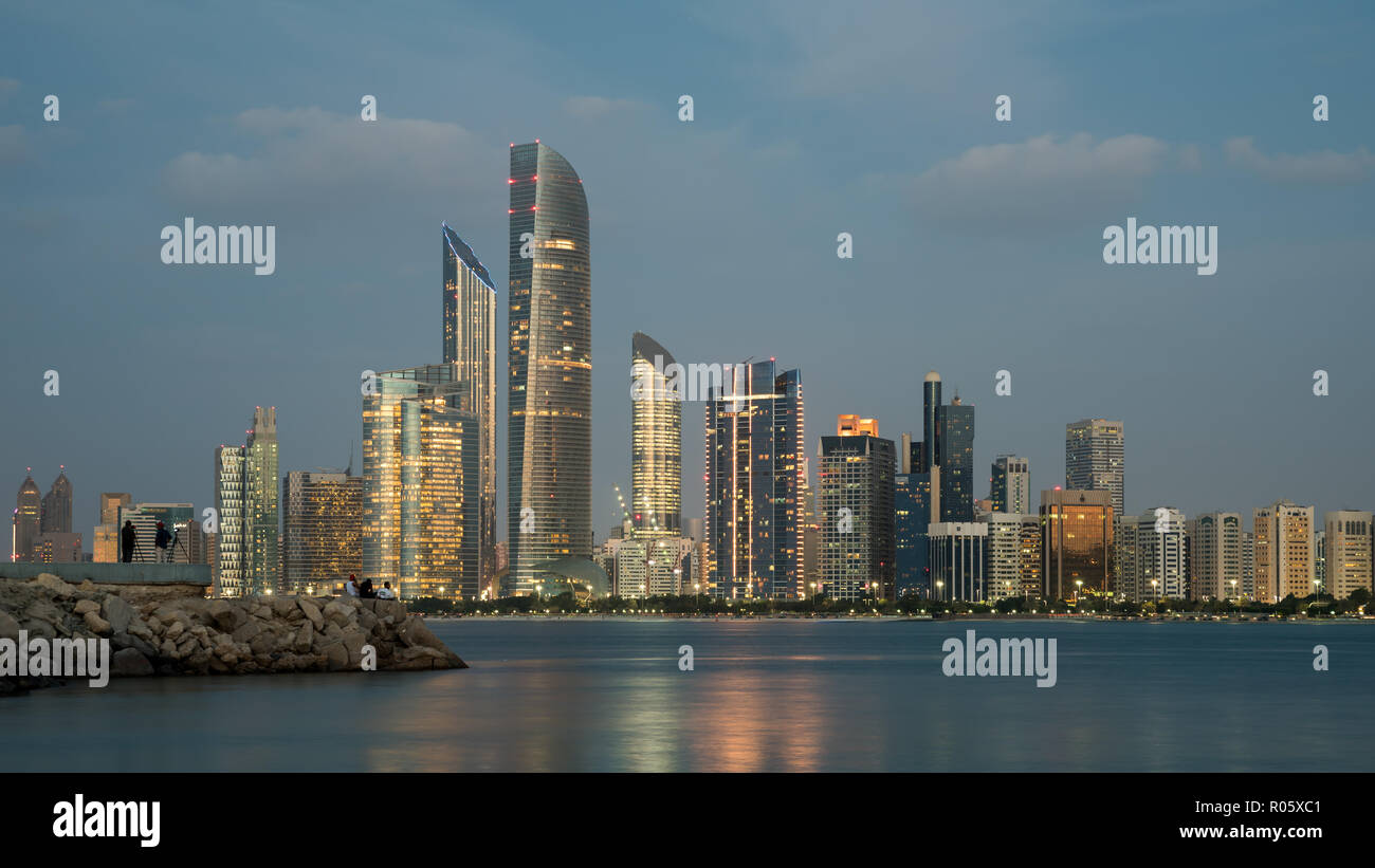 Abu Dhabi Seascape, High rise buildings of Abu Dhabi City at blue hour ...