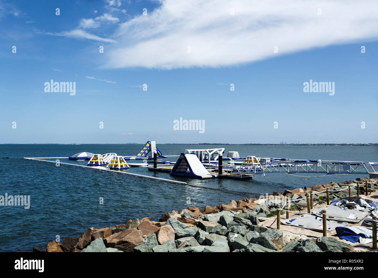View of the inflatable water fun park, called AquaSplash Redcliffe ...