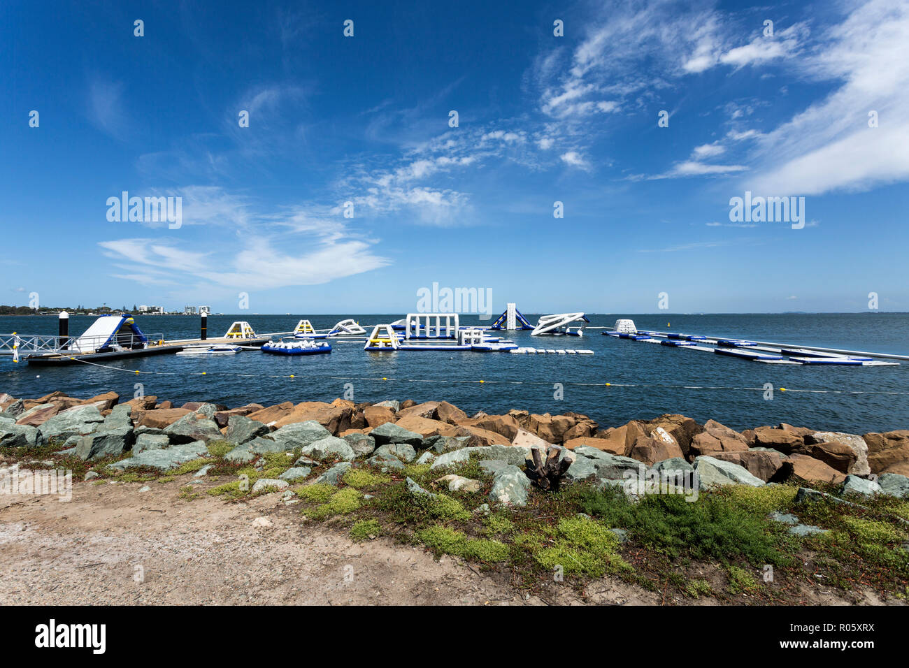 View of the inflatable water fun park, called AquaSplash Redcliffe ...