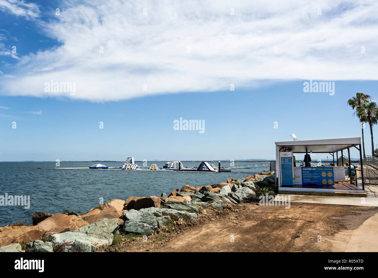 View of the inflatable water fun park, called AquaSplash Redcliffe ...