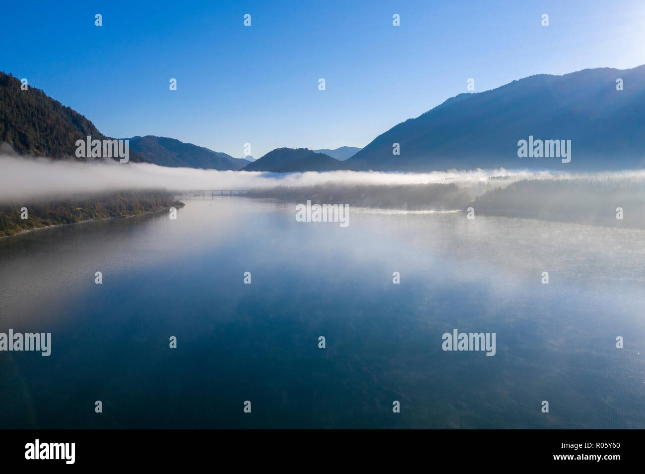 Fog at Lake Sylvenstein, Sylvenstein Dam, drone image, Lenggries ...