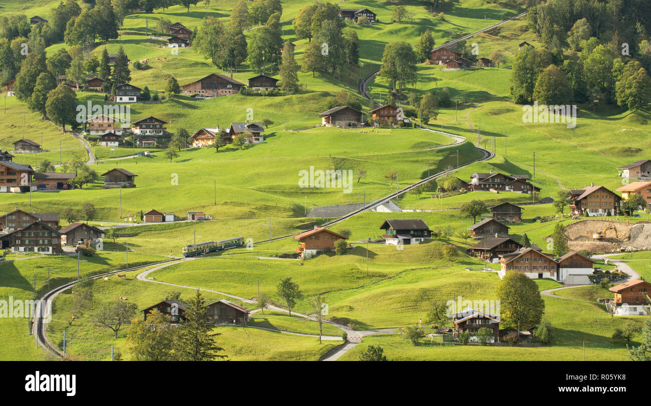 Grindelwald Grund district with Wengernalp railway to Kleine Scheidegg ...