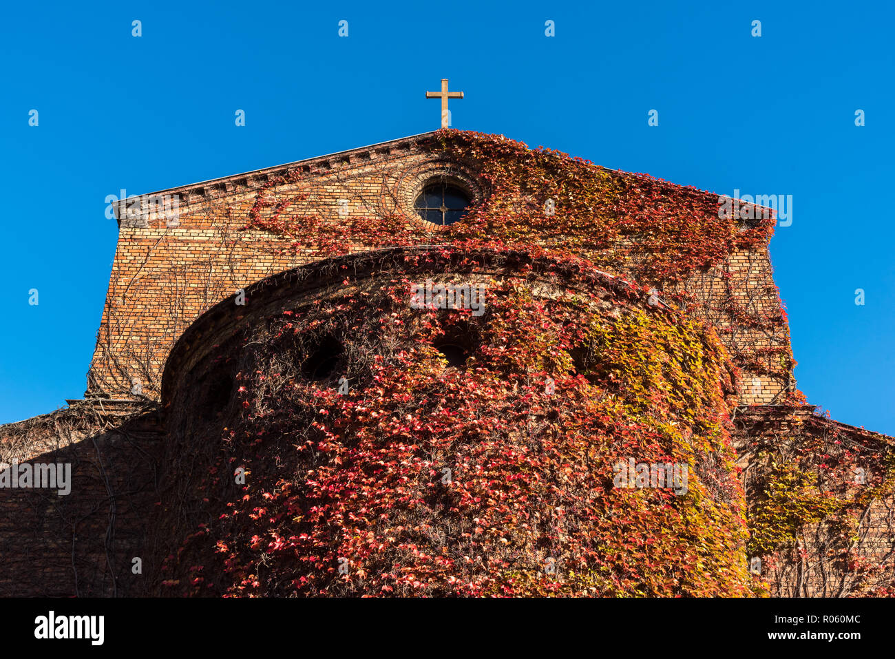 The overgrown church with a cross on the roof under a blue sky Stock ...