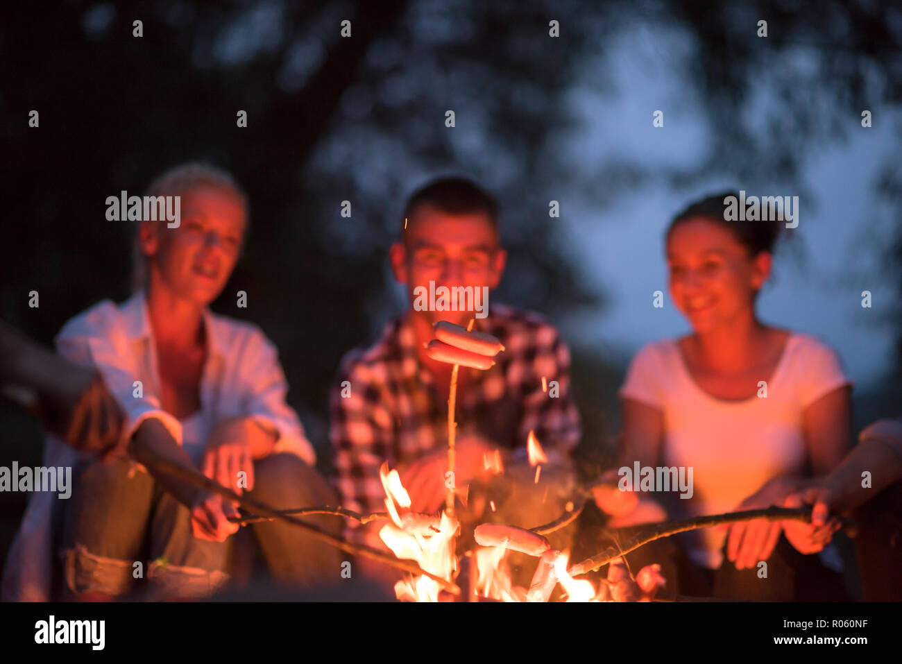 a group of happy young friends relaxing and enjoying summer evening ...
