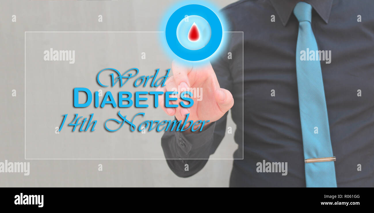 man hand pointing finger on blue circle with blood drop, diabetes ...