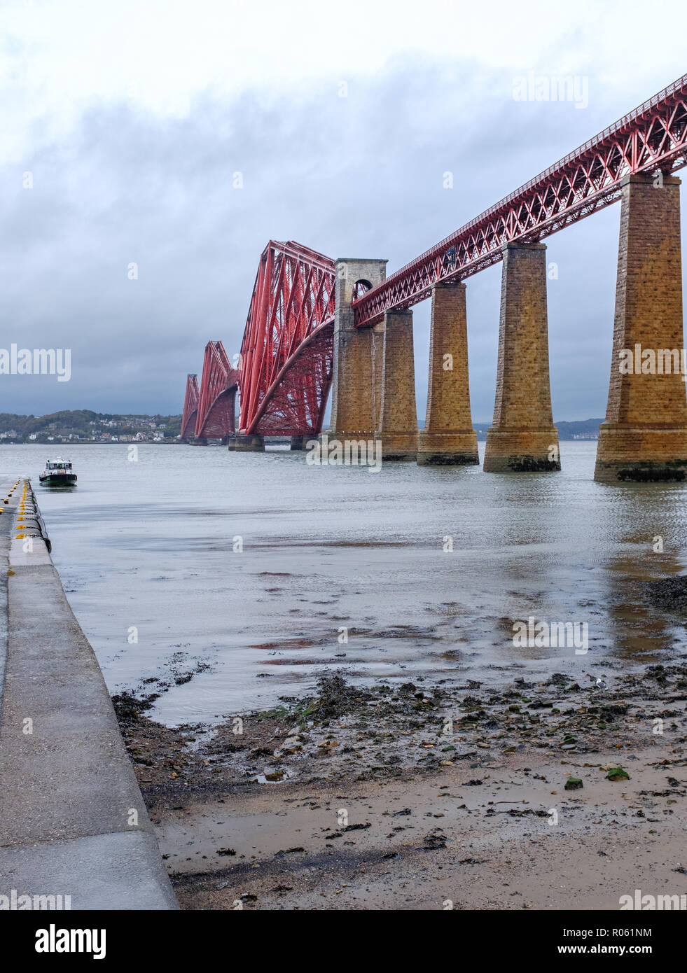 Vertical low view of Forth Bridge from viewed from South Queensferry on ...