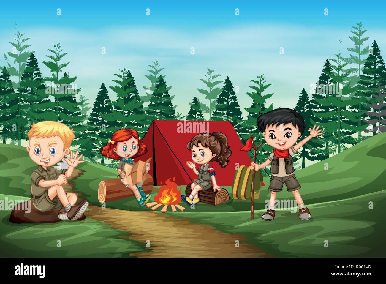 International scout camping in forest illustration Stock Vector Image ...