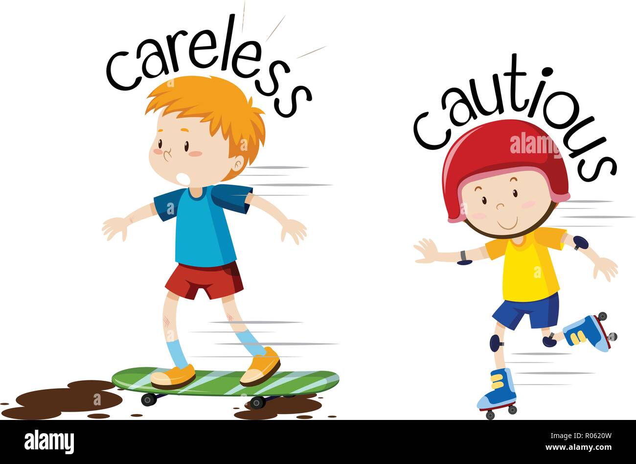 English opposite word careless and cautious illustration Stock Vector ...