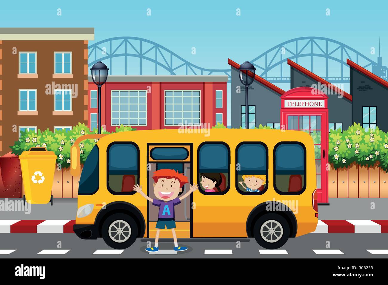 Boy infront of school bus scene illustration Stock Vector Image & Art ...