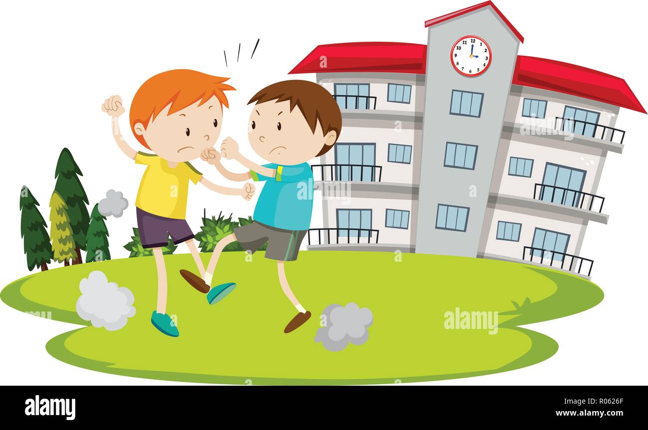 Young boy fighting in front of school illustration Stock Vector Image ...