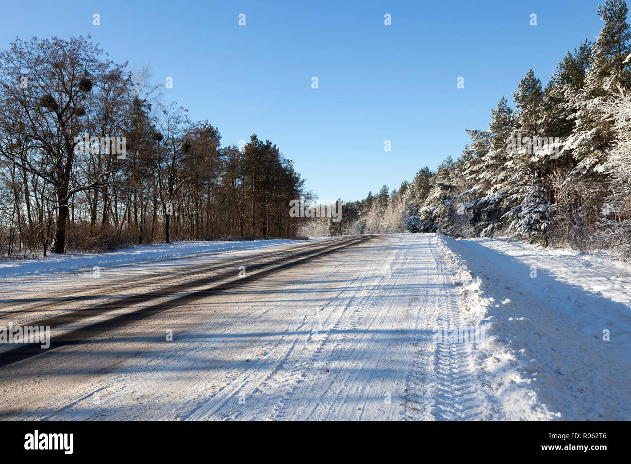 wide asphalt road, on which there are ruts from cars on the roadway, in ...
