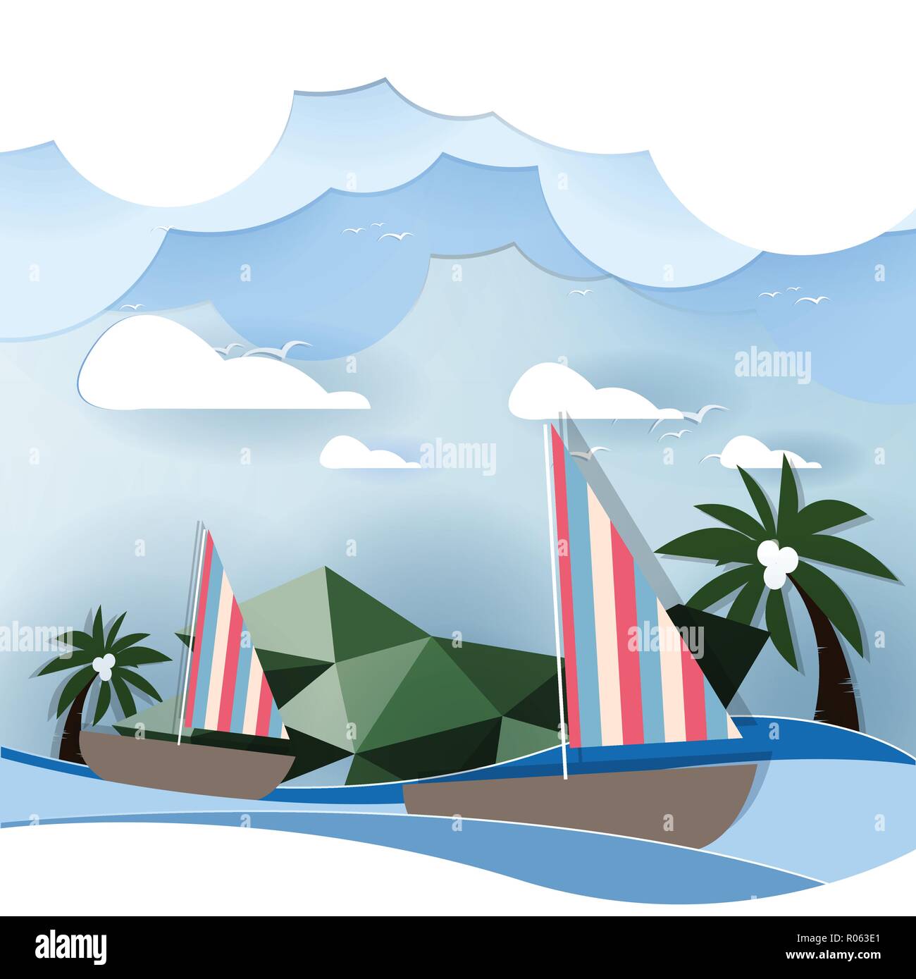 paper art sailing boat on the sea concept vector background design ...