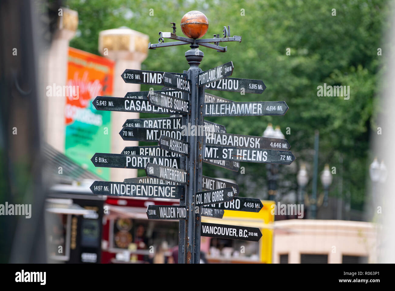 Famous Portland Oregon landmark depicting signs pointing in various ...