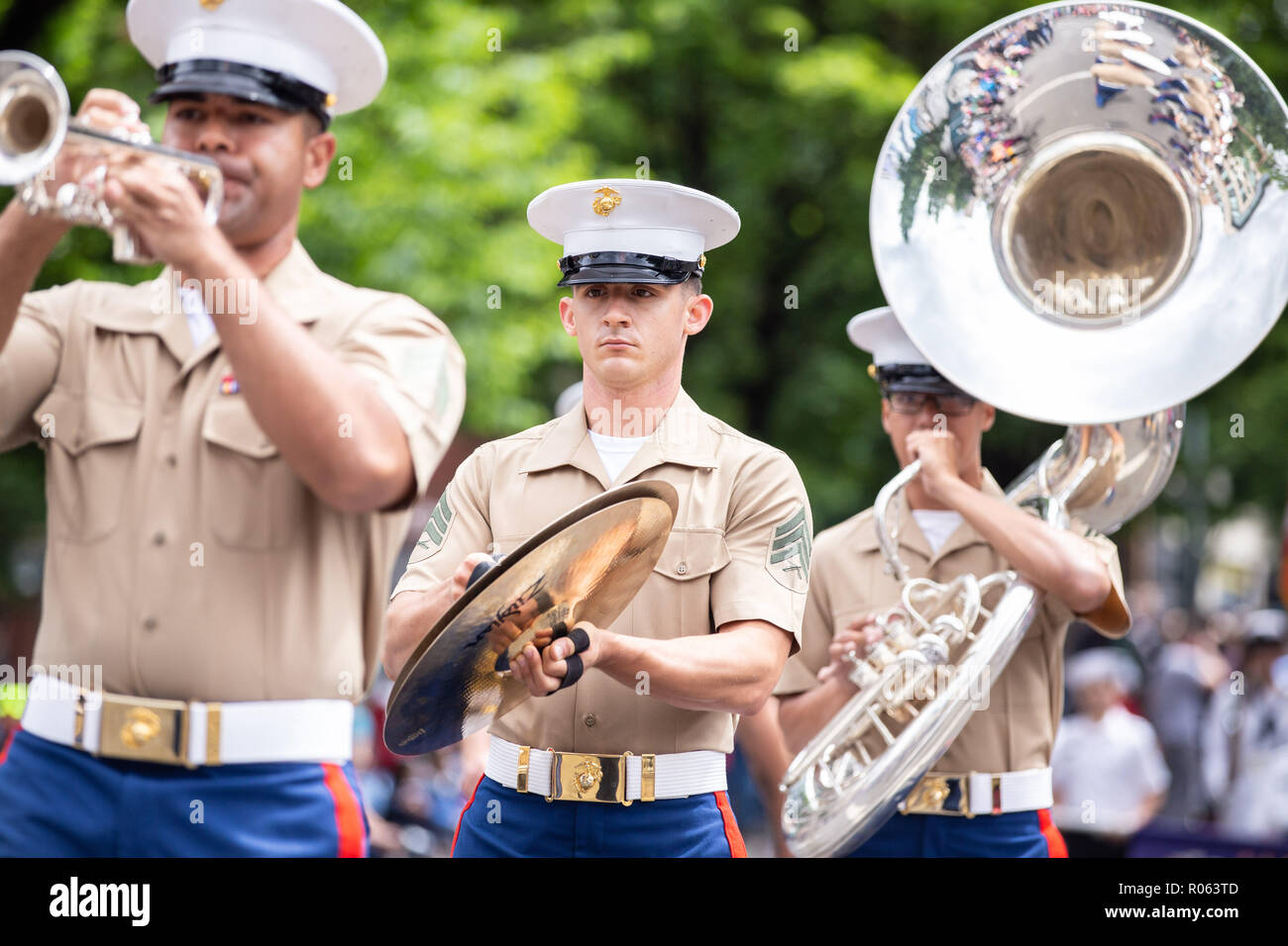 Portland, OR / USA - June 11 2016: Army men in a marching band with ...