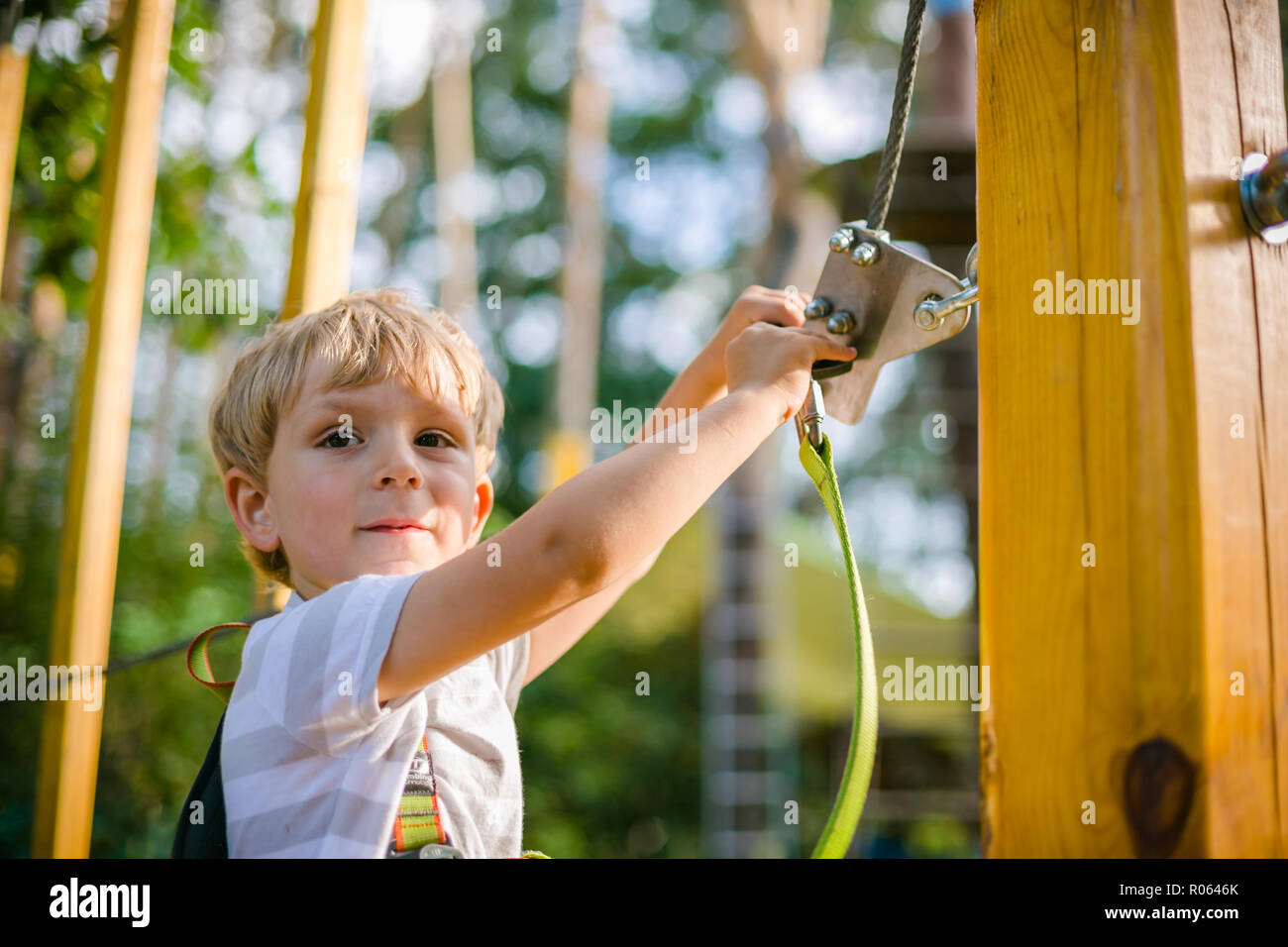 Boy climbing pass obstacles in rope park, fun activity Stock Photo - Alamy