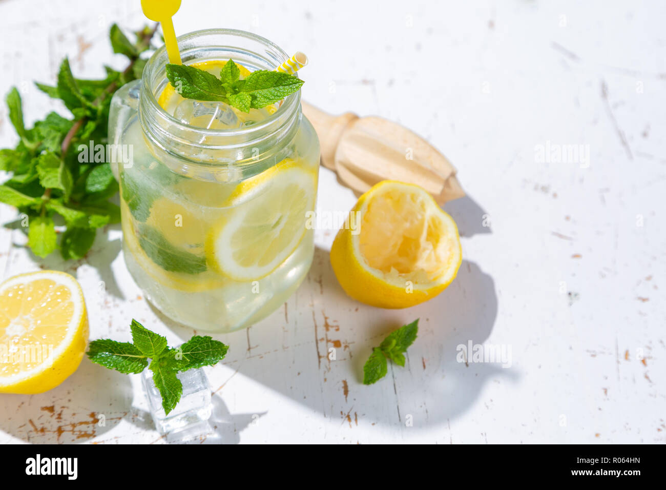 Summer lemonade on wood background, harsh light, copy space Stock Photo ...