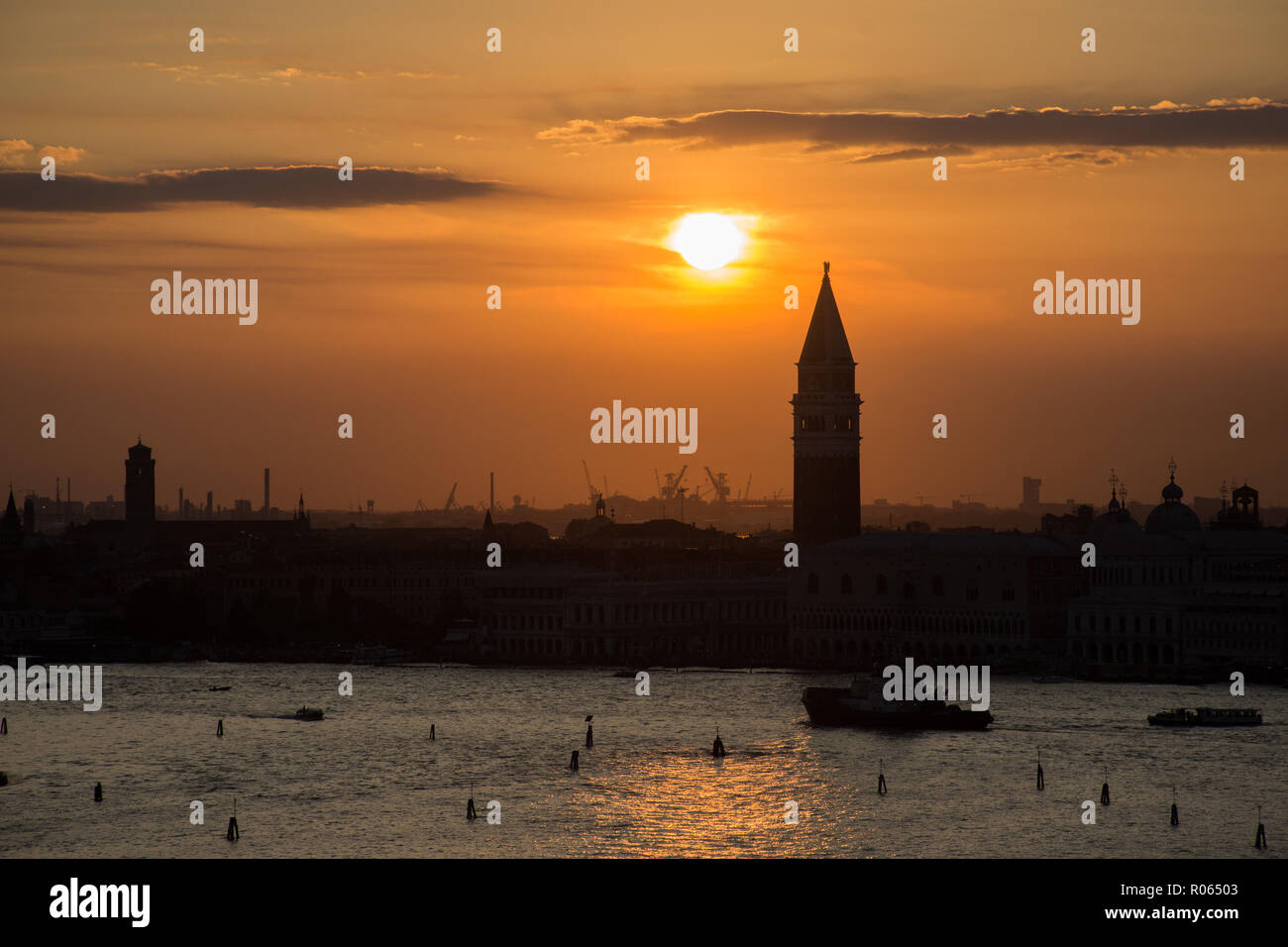 view of the city of Venice at sunset from the cruise ship Stock Photo ...