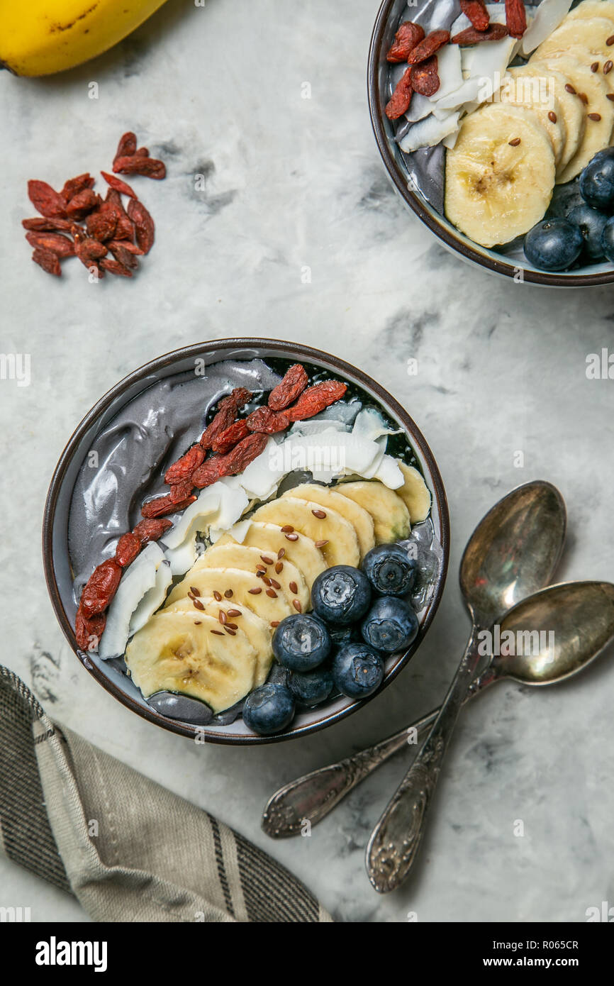 Detox activated charcoal blueberry, coconut, goji berry bowl, copy ...