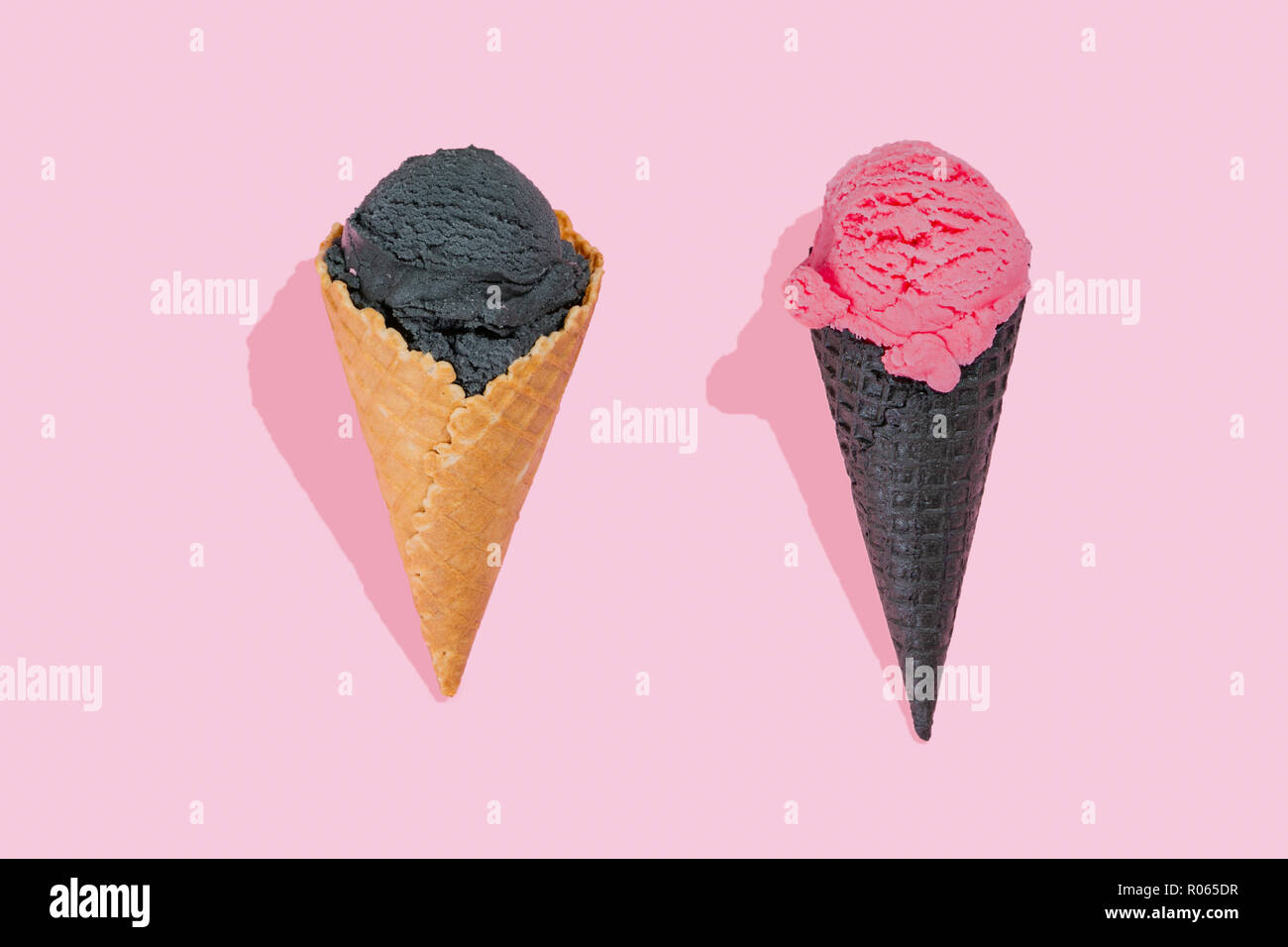 Creative layout - ice cream cones with black ice cream, top view Stock ...