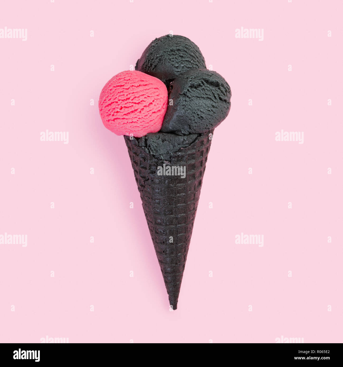 Creative layout - ice cream cones with black ice cream, top view Stock ...