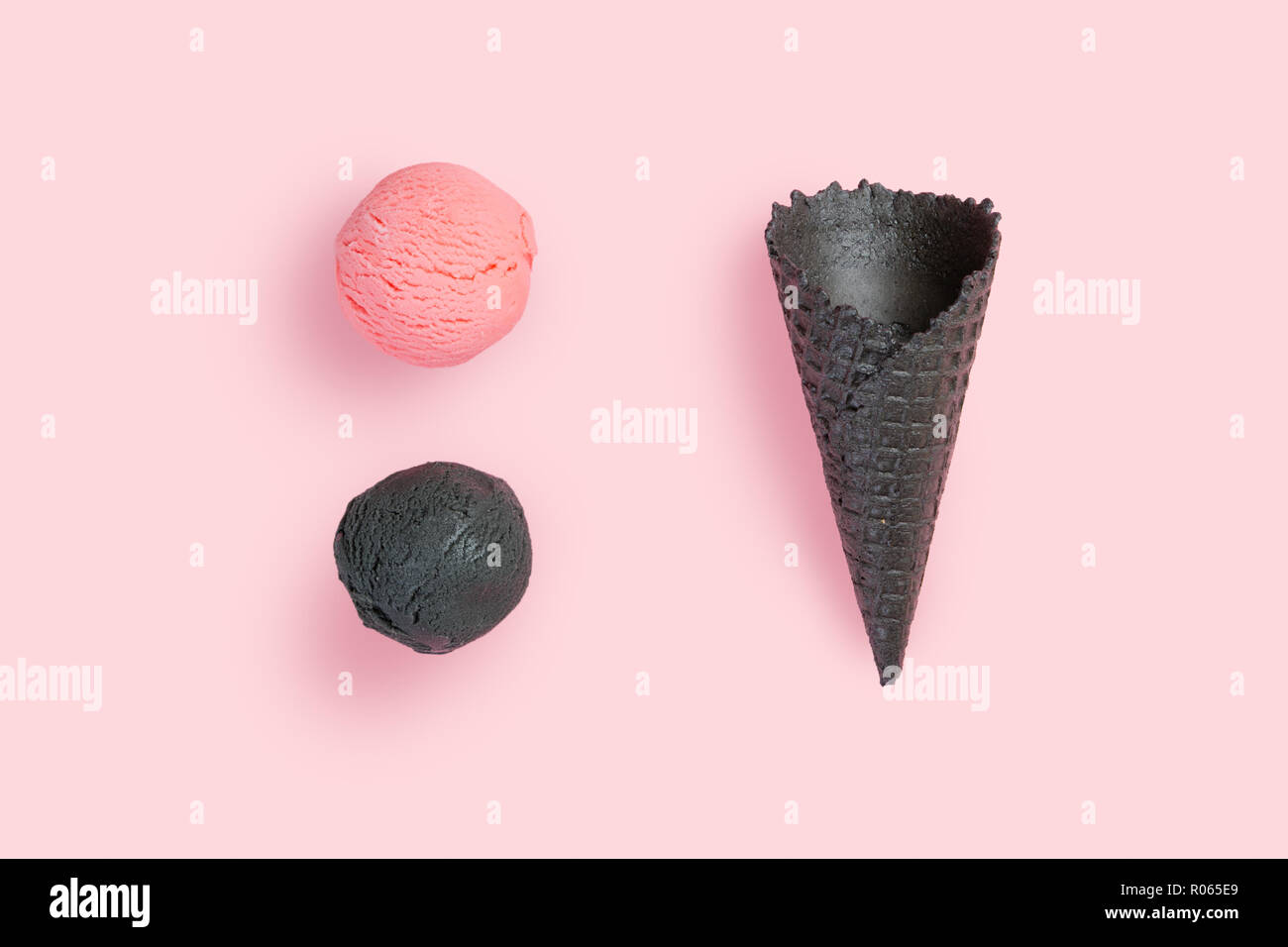Creative layout - ice cream cones with black ice cream, top view Stock ...