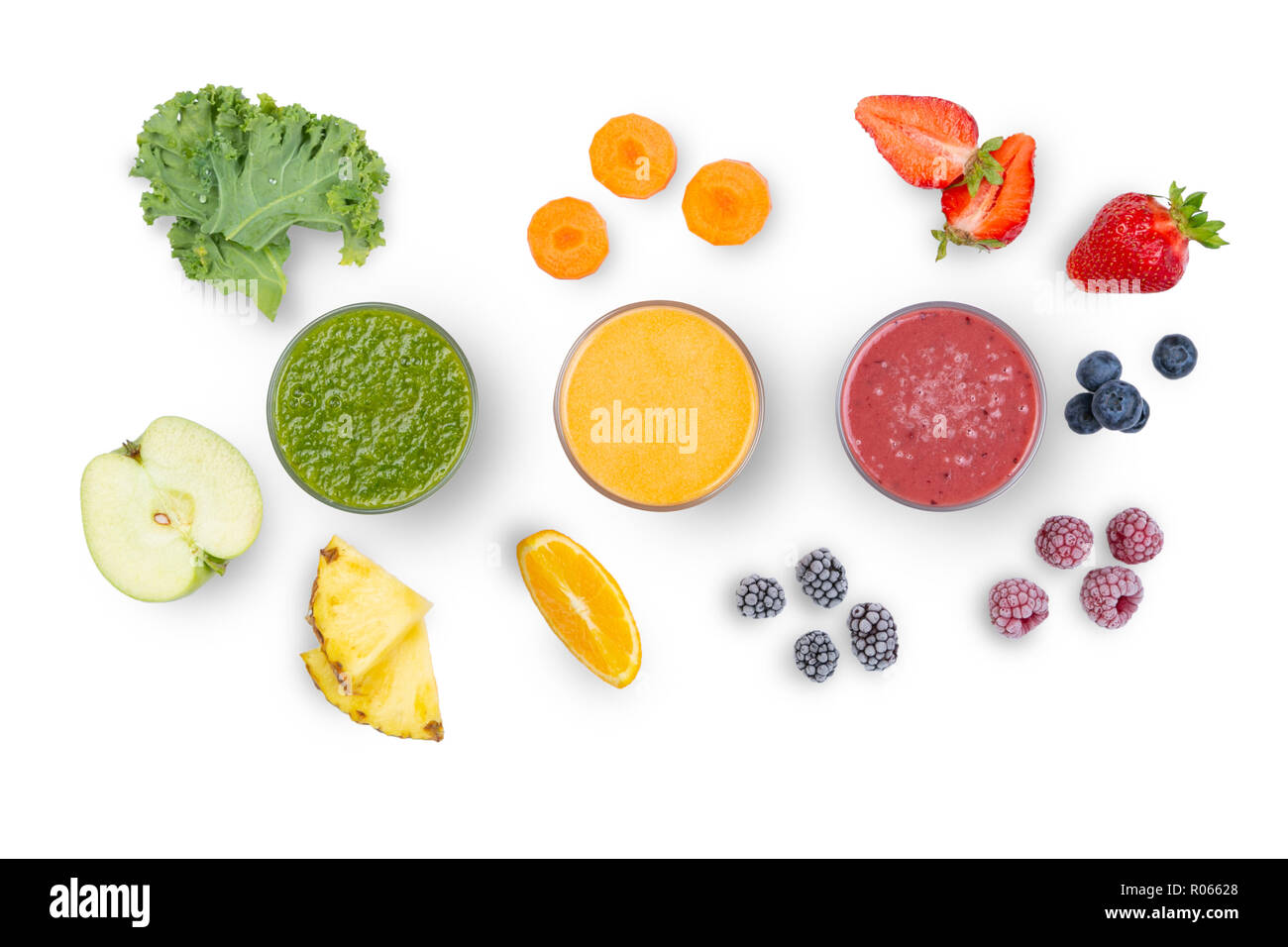 Creative layout of fresh smoothies with ingredients on white background ...