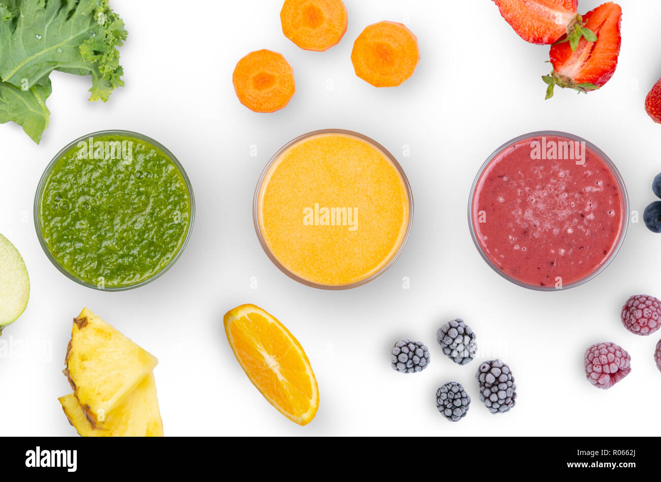 Creative layout of fresh smoothies with ingredients on white background ...
