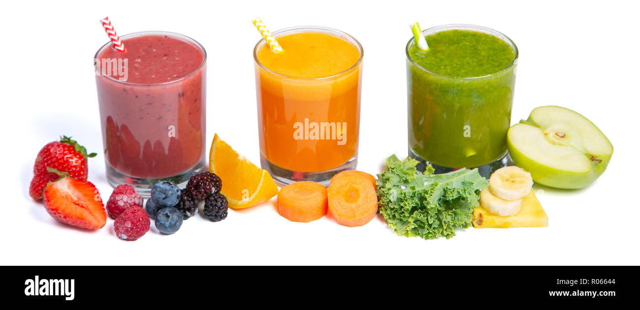 Creative layout of fresh smoothies with ingredients on white background ...