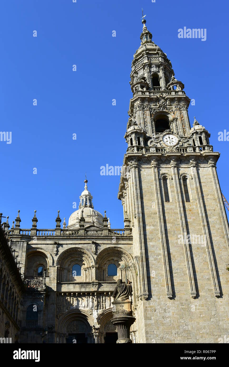 Cathedral. Baroque clock tower in romanesque Platerias facade. Santiago ...