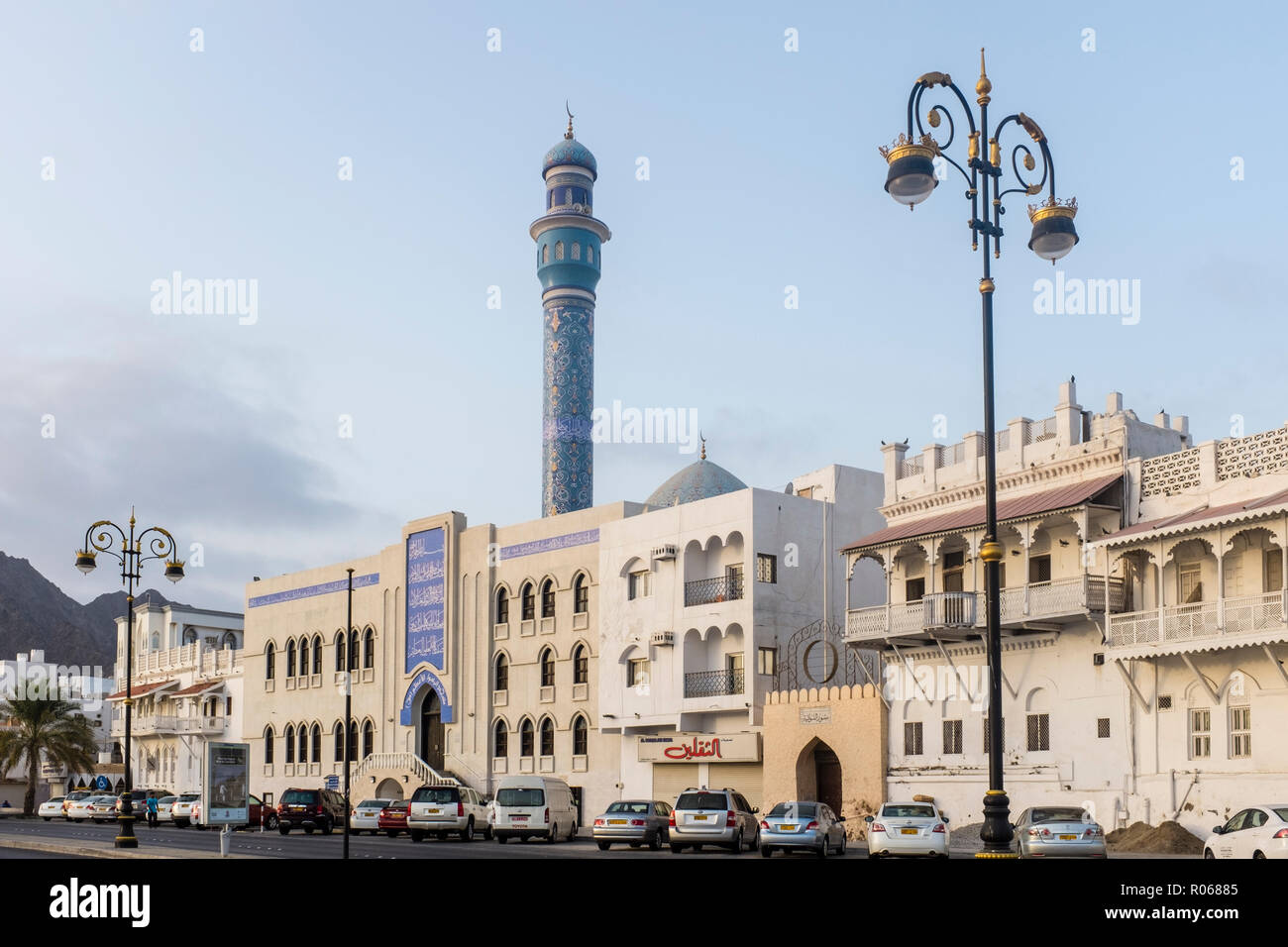 A mosque and its beautifully tiled minaret on Muttrah Corniche, Muscat ...