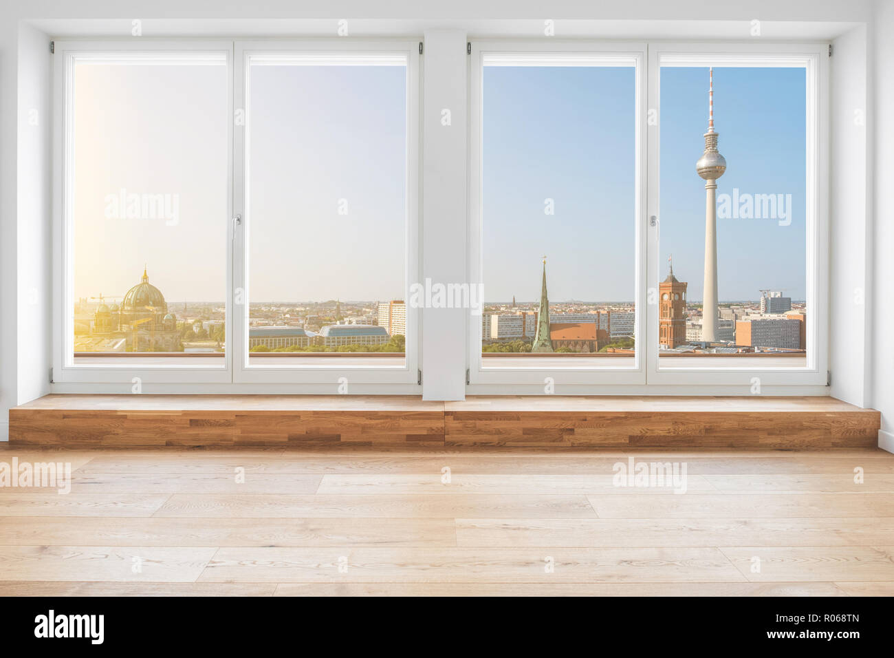 looking on Berlin skyline through terrace windows inside modern ...